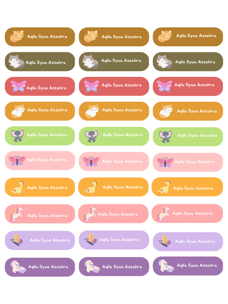 Pastel Warna Warni Lucu Ceria Label Nama Hewan Dokumen A4 | PDF