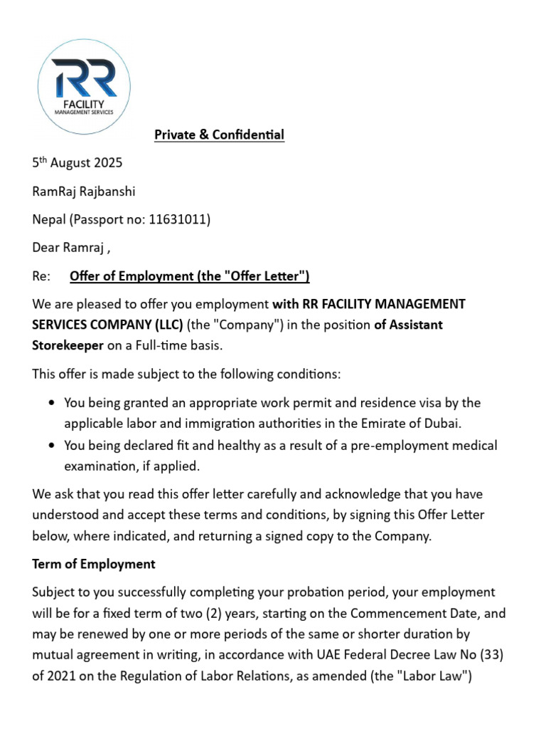 Employment Offer for Assistant Storekeeper | PDF | Employment | Working ...