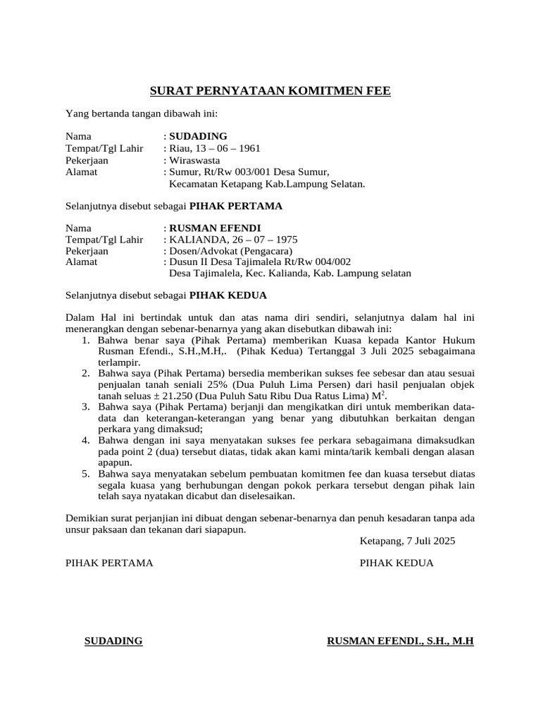 Surat Pernyataan Komitmen Fee Kantor Rusman Efendi. | PDF