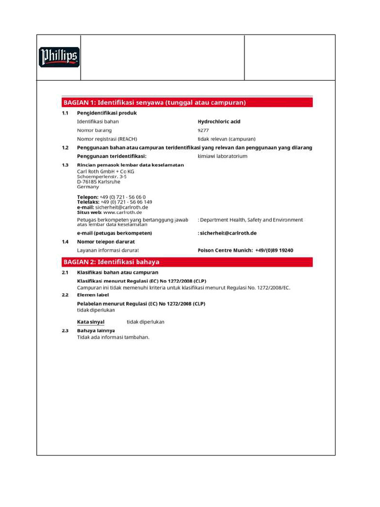 MSDS Asam Khlorida Format Phillips | PDF | Hygiene | Toxicology