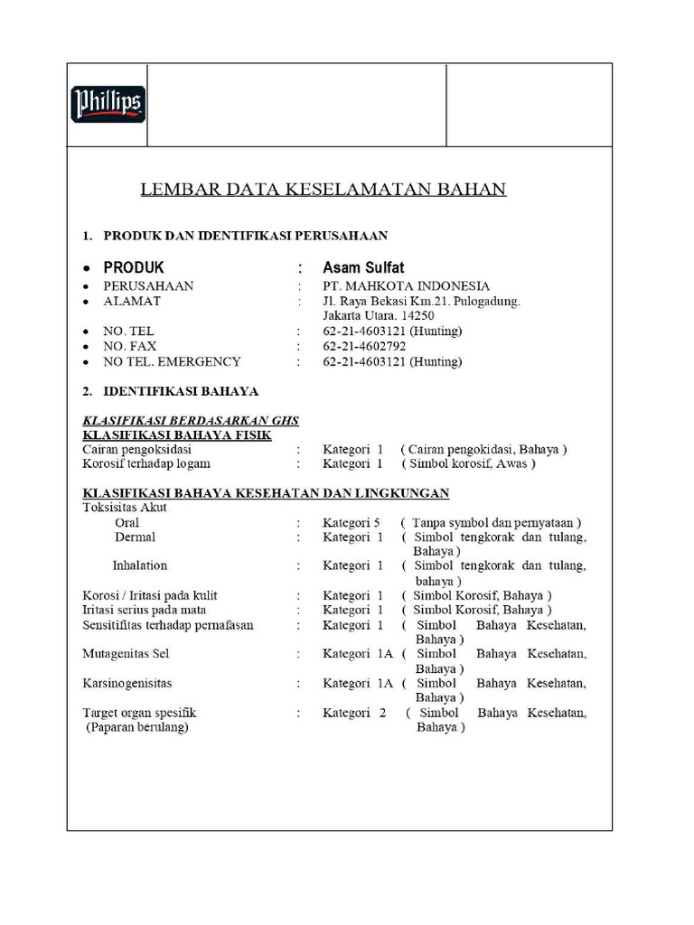 MSDS Asam Sulfat Format Phillips | PDF