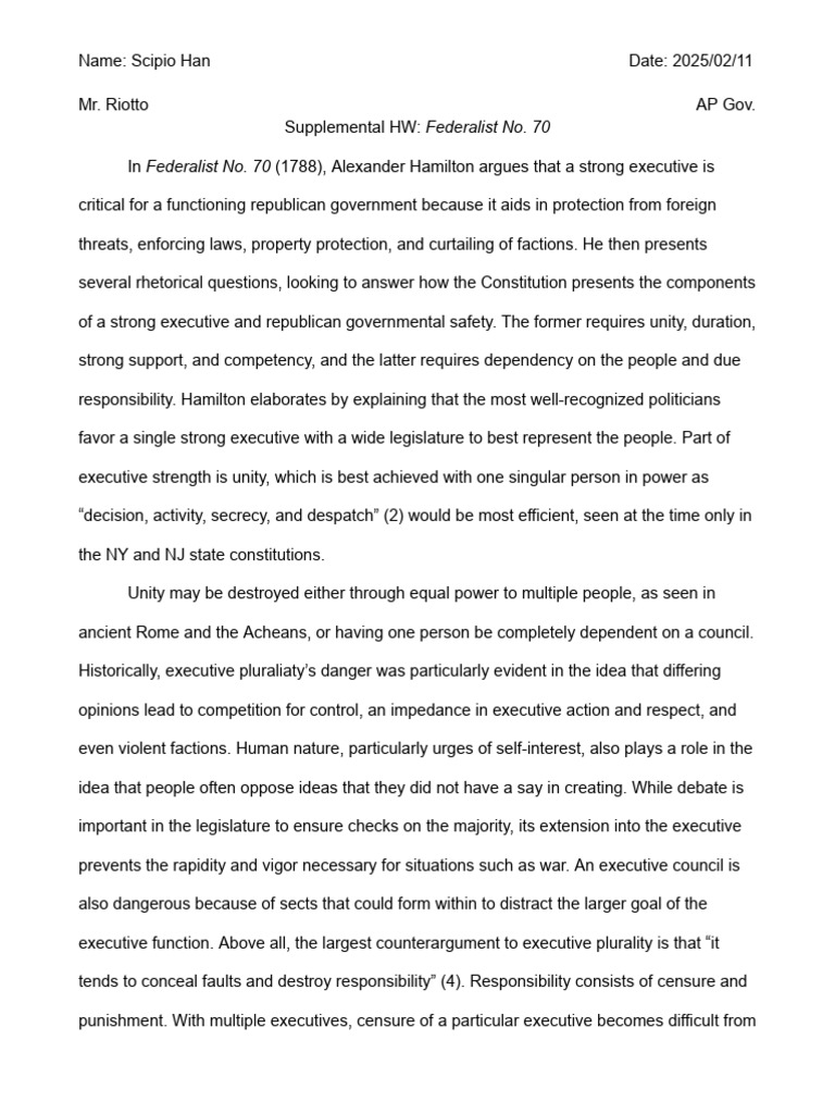 Summary of Federalist No. 70 | PDF | Alexander Hamilton | Government