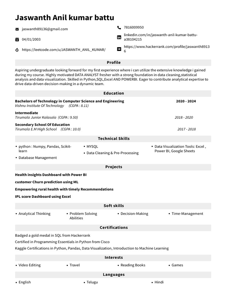 Jaswanth Anil Kumar Resume | PDF | Data | Information Science