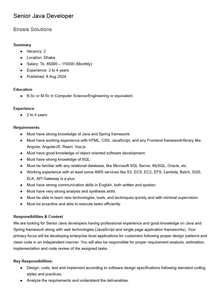 Enosis Solution Mid Level Software Engineer | PDF | Java (Programming Language) | Java Script