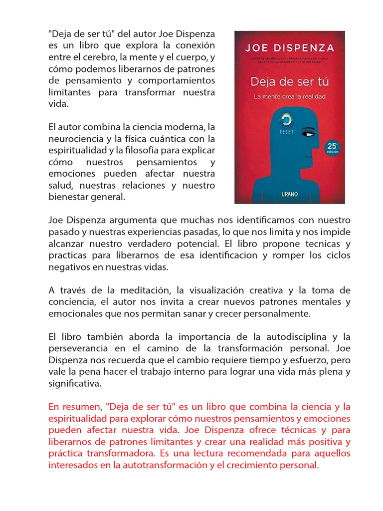 Resumen de "Deja de ser tú" de Joe Dispenza | PDF