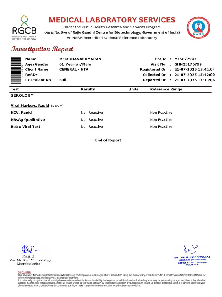 HCV and Viral Test Results for Male 61 | PDF