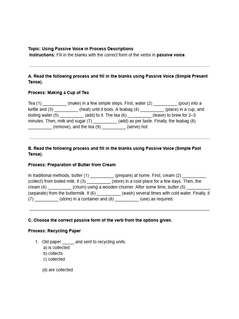 Passive Voice Process Writing Exercises | PDF | Butter