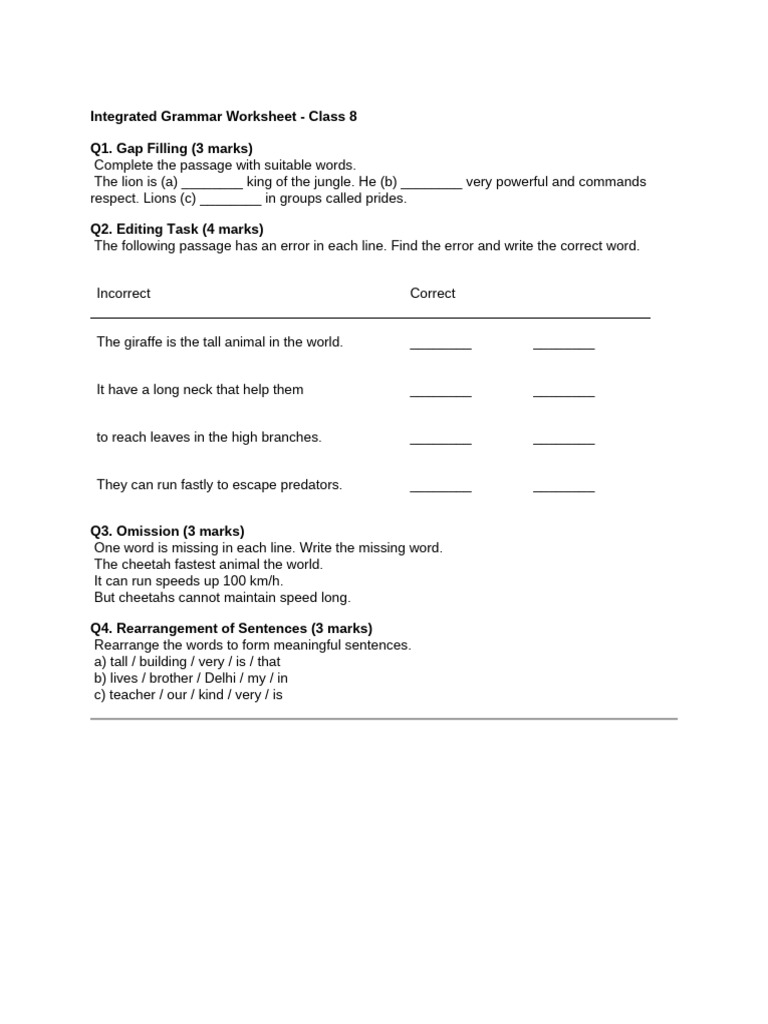 Class 8 Integrated Grammar Worksheet | PDF