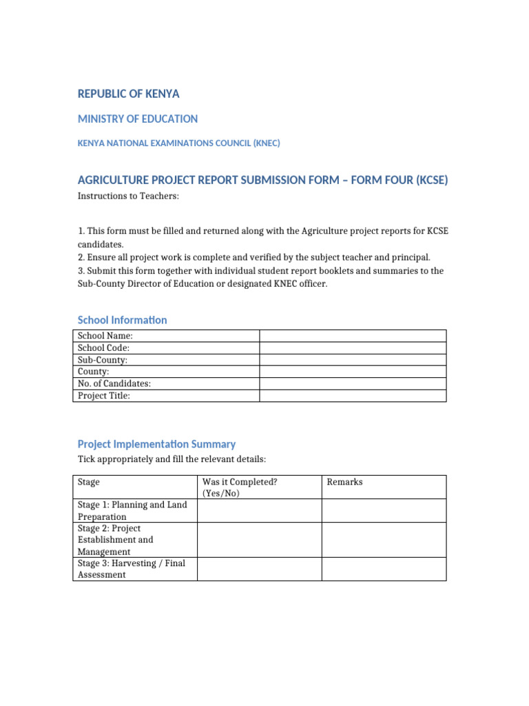 KCSE Agriculture Project Submission Form | PDF