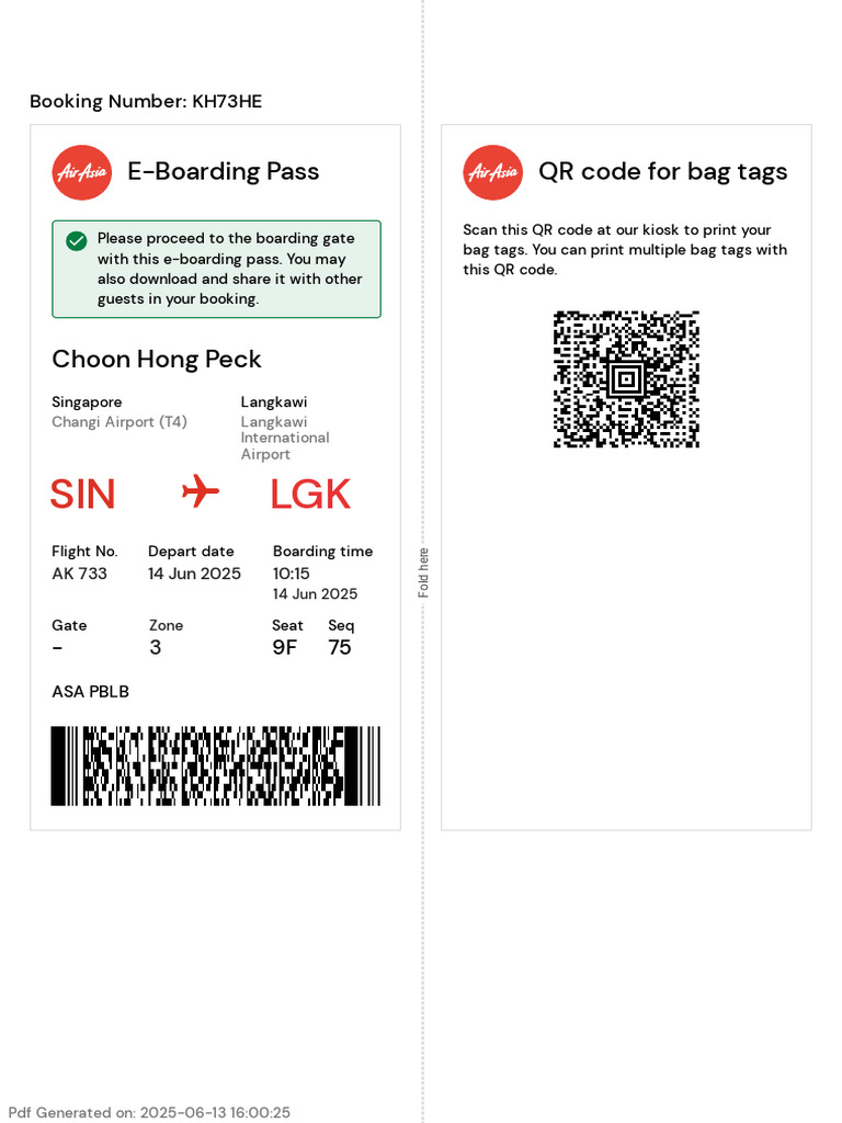 E-Boarding Pass QR Code For Bag Tags: Booking Number: KH73HE | PDF