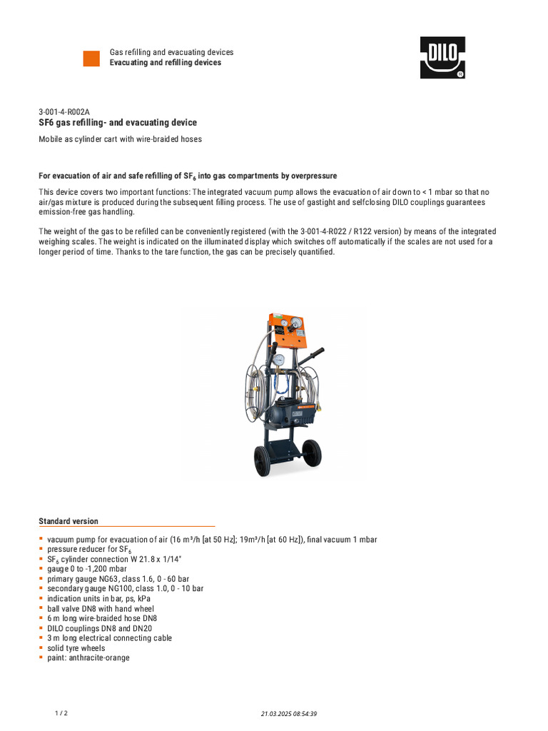 SF6 Gas Refilling & Evacuating Device | PDF | Equipment | Underwater Diving