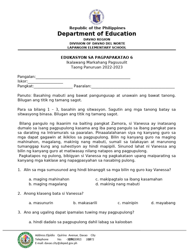 Quarterly Test - Q2 EsP 6KLFMLVFMLVMFLKBMGKFNB | PDF