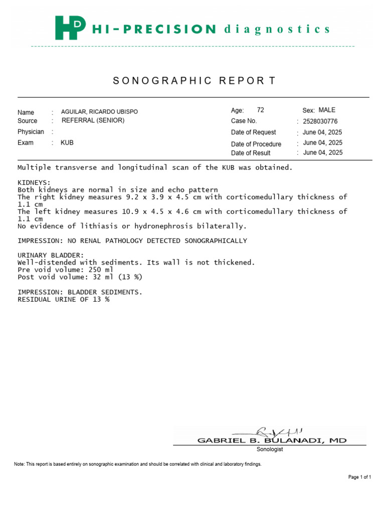 Sonographic Repor T: Aguilar, Ricardo Ubispo | PDF