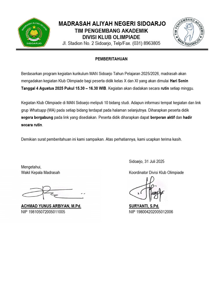Klub Olimpiade MAN Sidoarjo 2025/2026 | PDF