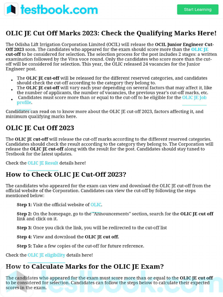 OLIC JE Cut Off Marks 2023 - Check The Qualifying Marks Here! | PDF
