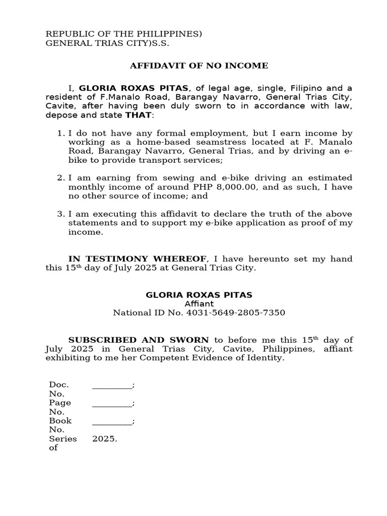Affidavit of No Income - Gloria Pitas | PDF