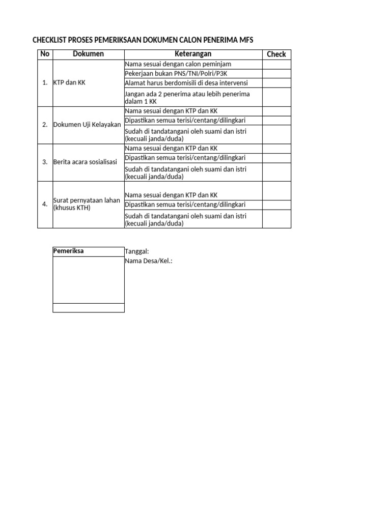 Checklist Dokumen Calon Penerima MFS | PDF