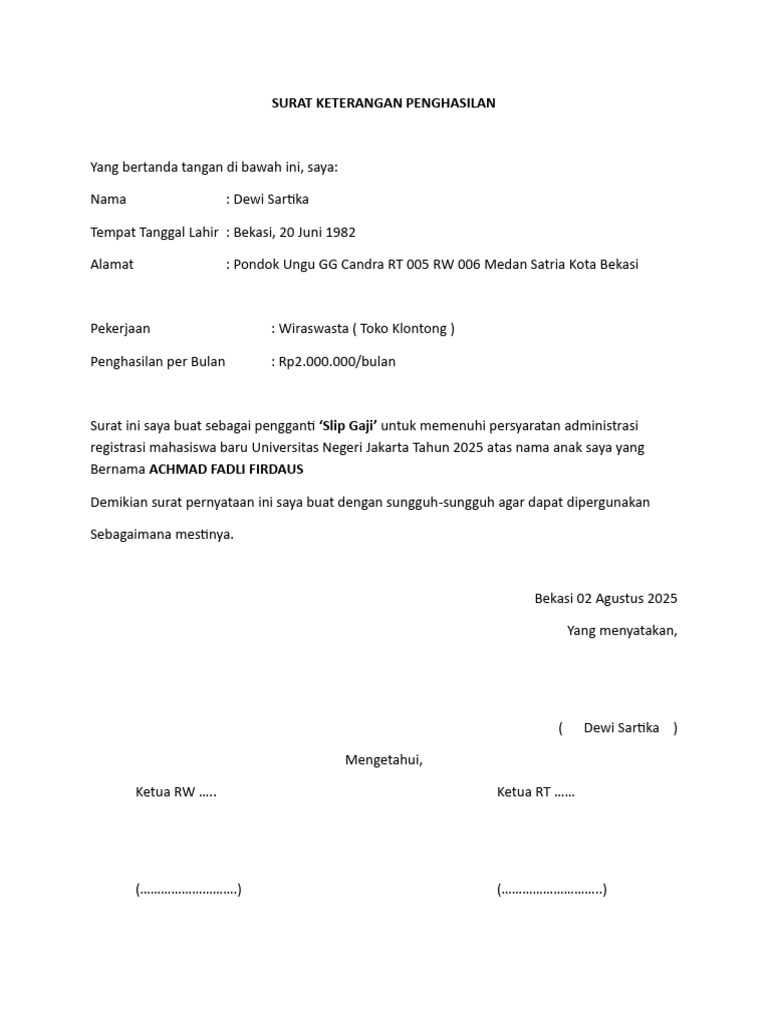 Surat Keterangan Penghasilan Unj 1 | PDF