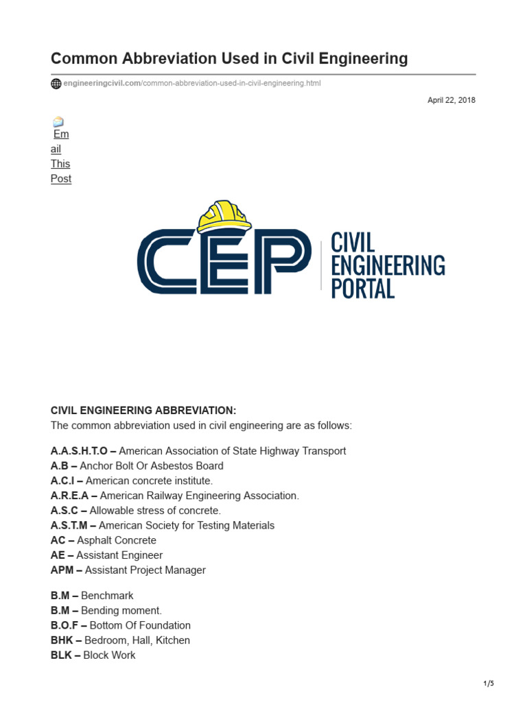 Common Abbreviation Used in Civil Engineering 2 | PDF | Concrete | Cement