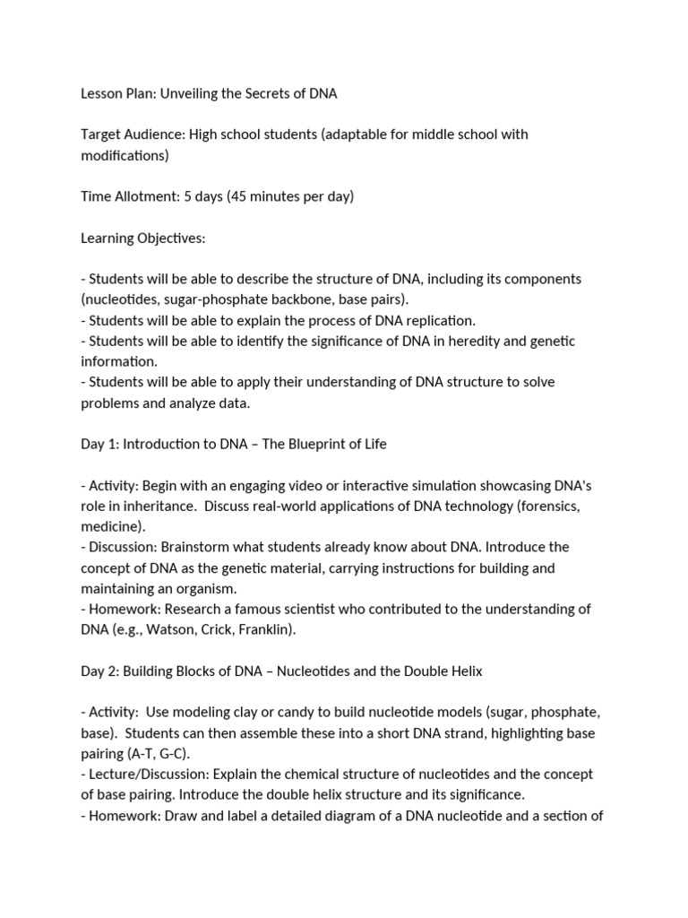 DNA Lesson Plan for High School Students | PDF | Dna | Genetics