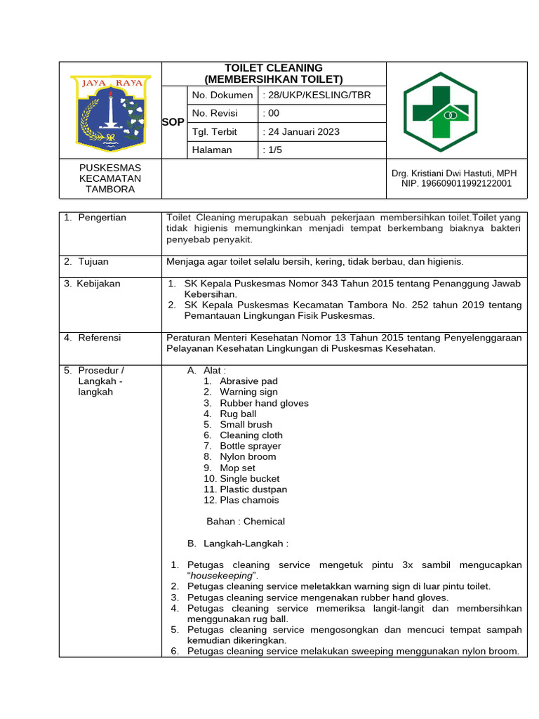 SOP Pembersihan Toilet Puskesmas | PDF