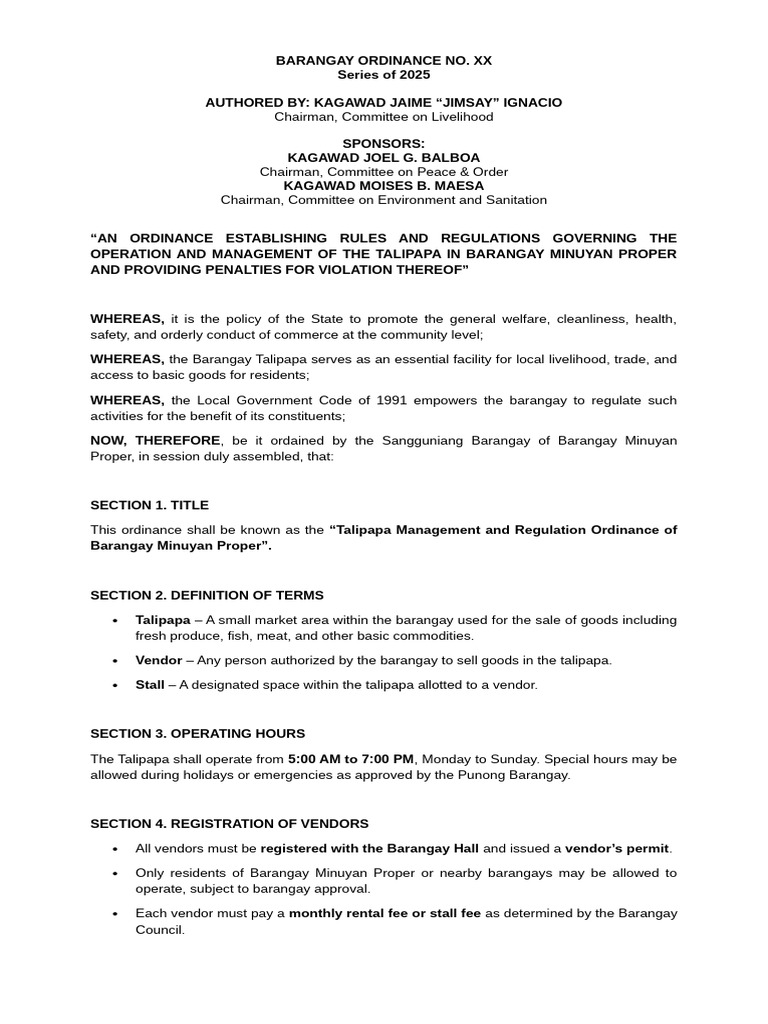 BARANGAY ORDINANCE NO. Talipapa 2025 | PDF | Justice | Crime & Violence