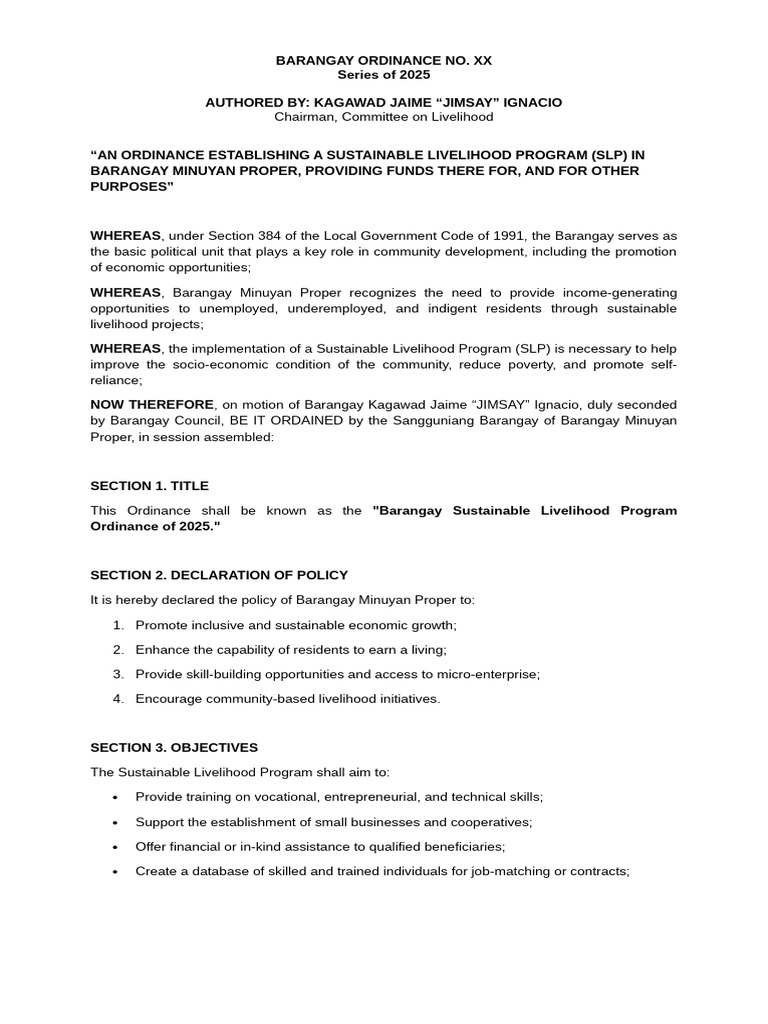 Sustainable Livelihood Program Ordinance | PDF | Poverty | Poverty ...