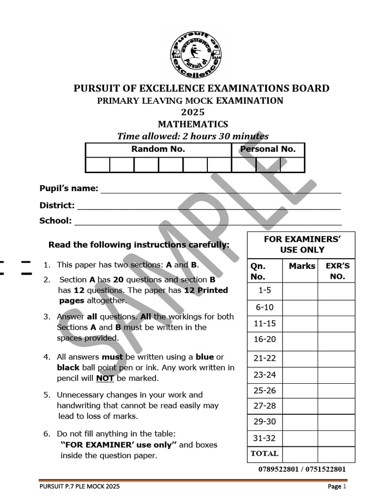 Mock Mathematics Sample | PDF