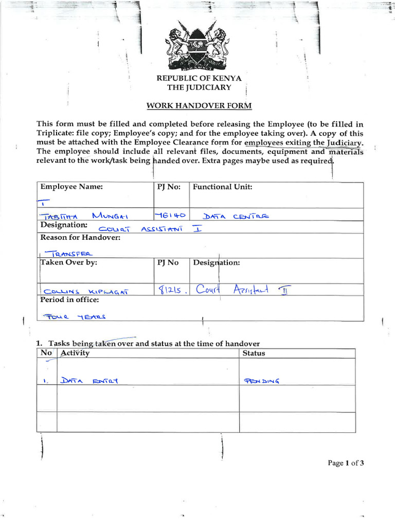 Hand Over Form | PDF