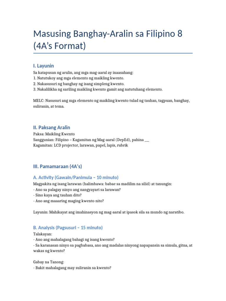 Banghay-Aralin Filipino8 MaiklingKwento 4as | PDF