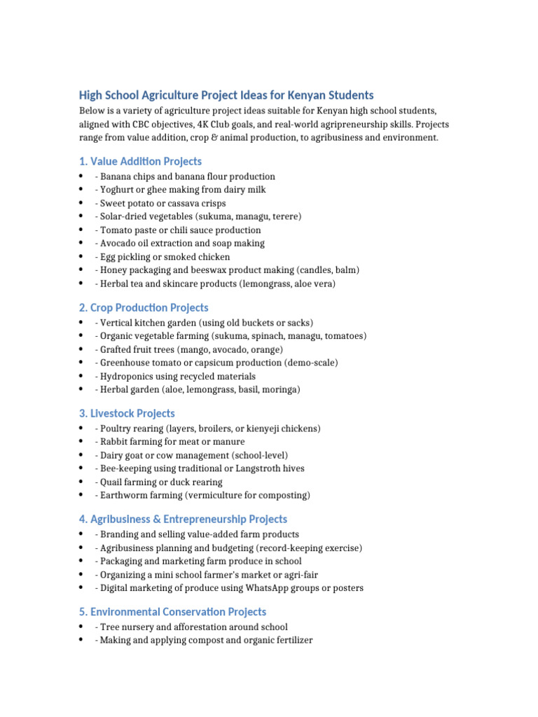 High School Agriculture Projects Kenya | PDF