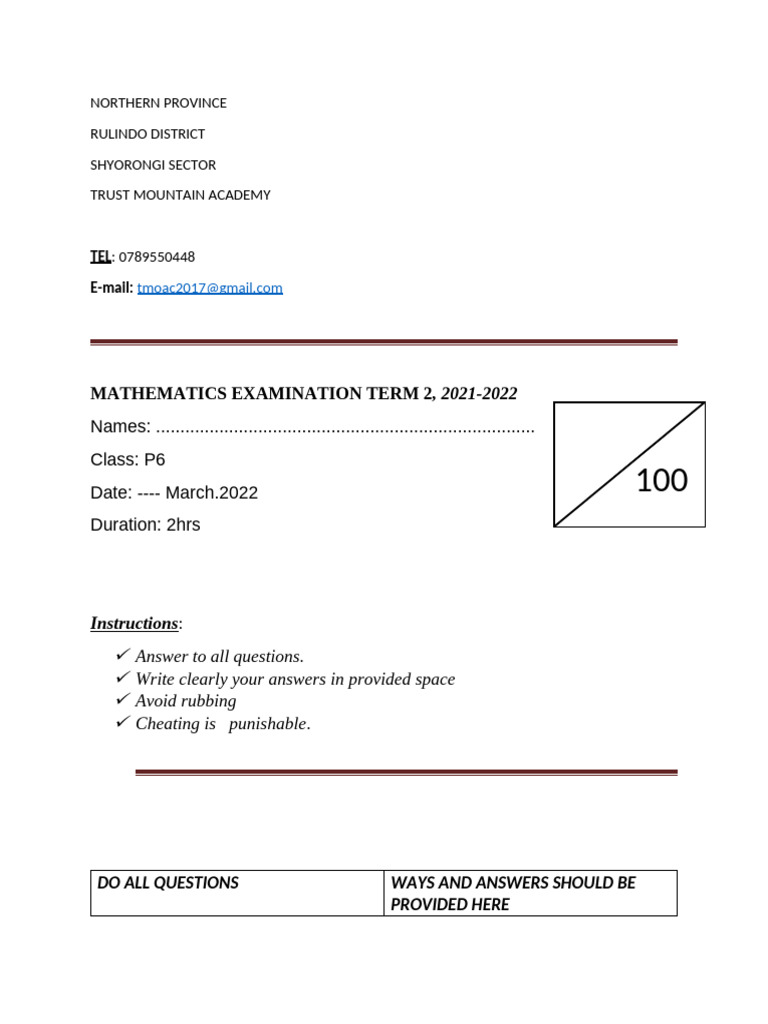 Mathematics Examinations p6 2nd Term (1) - 040326 | PDF | Chess Theory | Chess