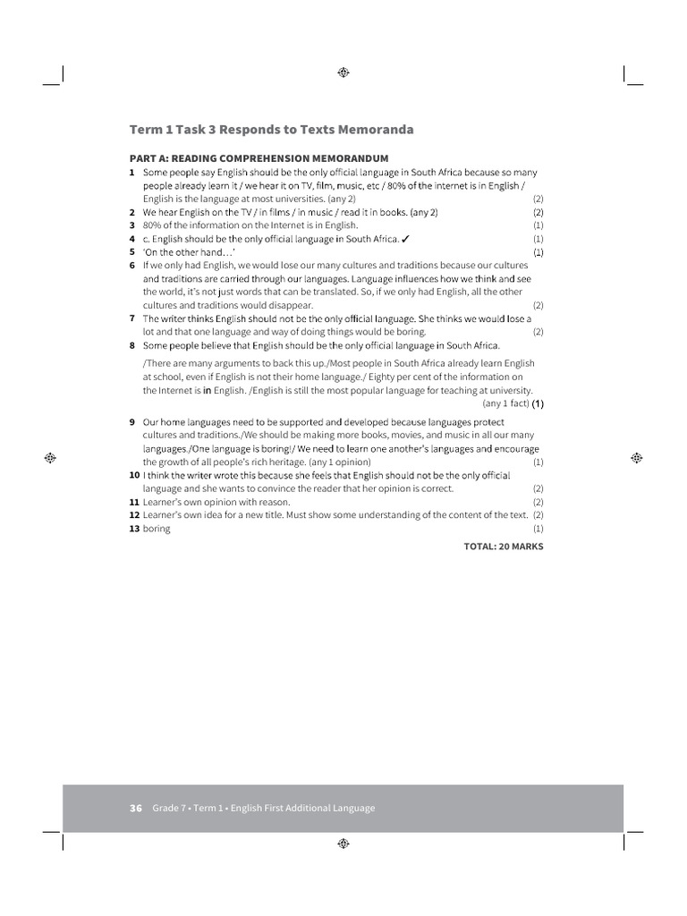 Grade 7 English Comprehension Memo | PDF | Reading Comprehension ...