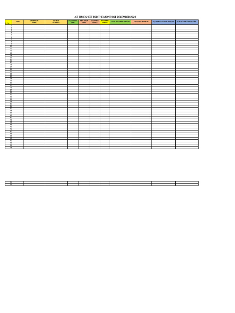 JCB Time Sheet For Girija Landventure (Vasu JCB) | PDF