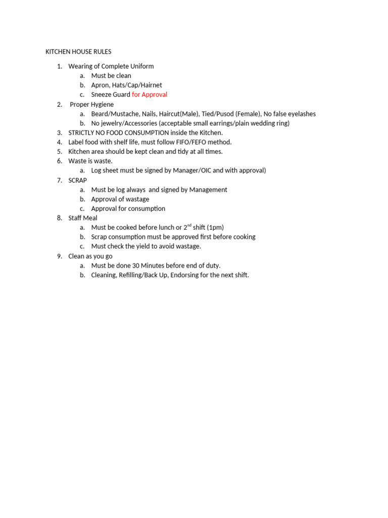 Kitchen House Rules and Regulations | PDF