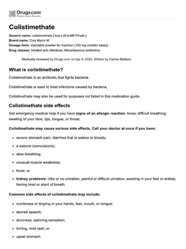 Colistimethate Uses, Side Effects & Warnings | PDF