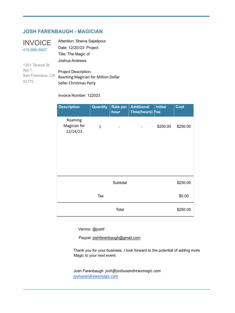 Invoice 122023 Magic of Josh Farenbaugh | PDF