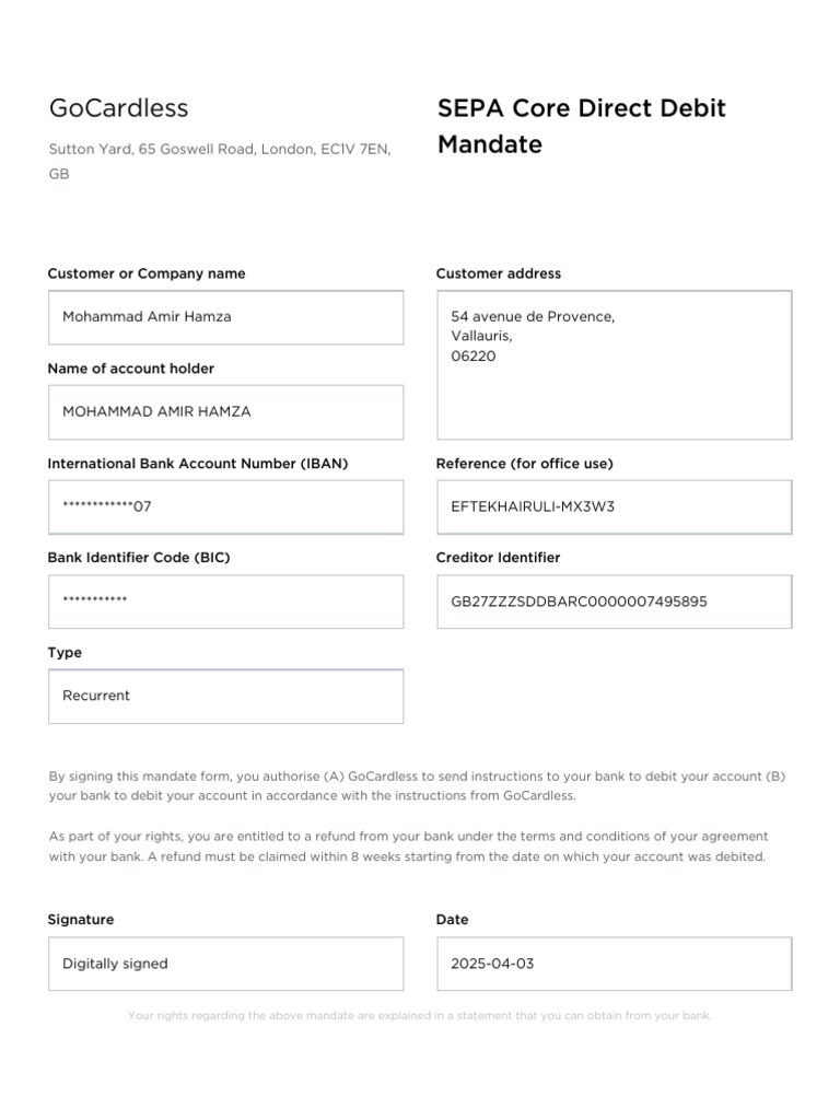 GoCardless SEPA Direct Debit Mandate | PDF