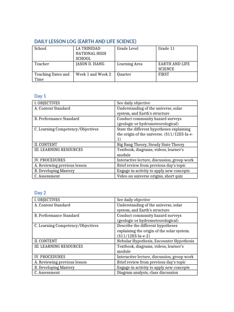 DLL Earth and Life Science Daily | PDF | Earth Sciences | Learning