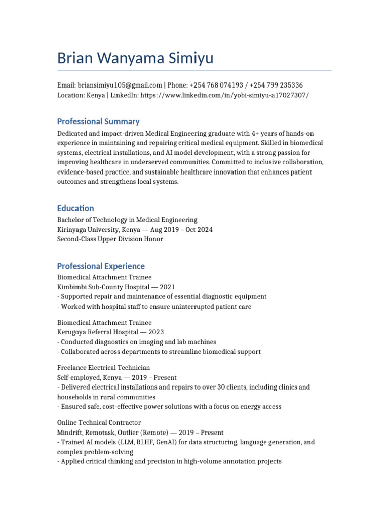 Brian Wanyama Simiyu CV VSO | PDF | Biomedical Engineering | Artificial ...