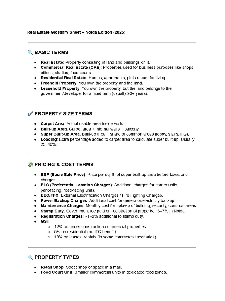Noida Real Estate Glossary 2025 | PDF | Lease | Receipt