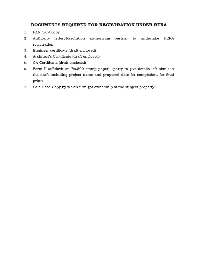 Documents Required For Registration Under Rera | PDF