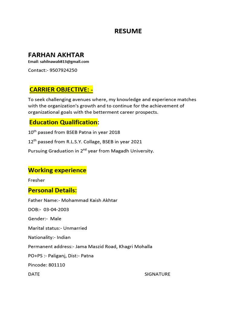 Resume of Farhan Akhtar - Fresher | PDF