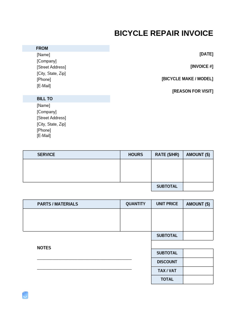Bicycle Repair Invoice Template | PDF