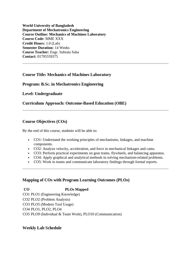 Machinery Lab Course Outlines | PDF | Machines | Engineering
