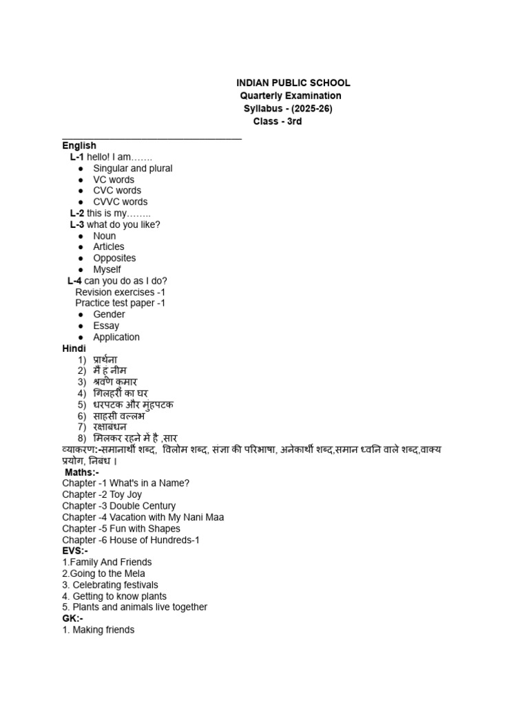 Quarterly Examination Class-3rd Syllabus | PDF