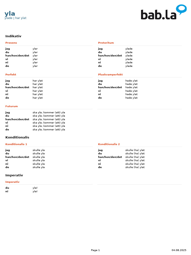 Bab - La Conjugation Swedish Yla | PDF