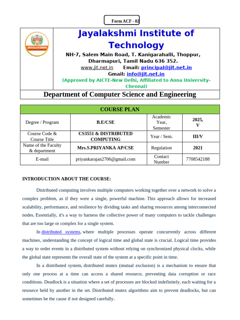 Distributed Compuing Course Plan-26.7.2025 | PDF | Distributed ...