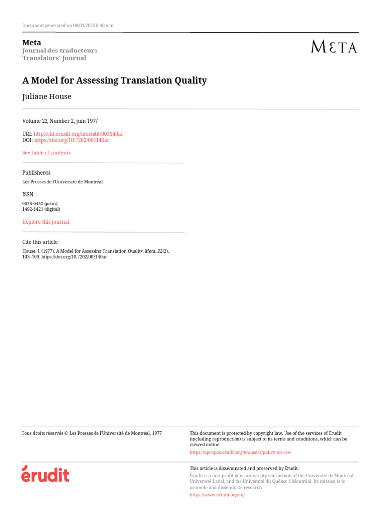 Assessing Translation Quality Model | PDF