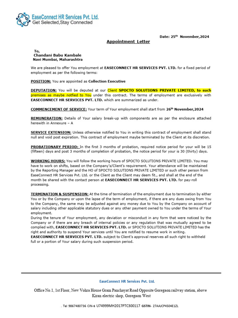 Appointment Letter for Collection Executive | PDF | Legal Liability ...